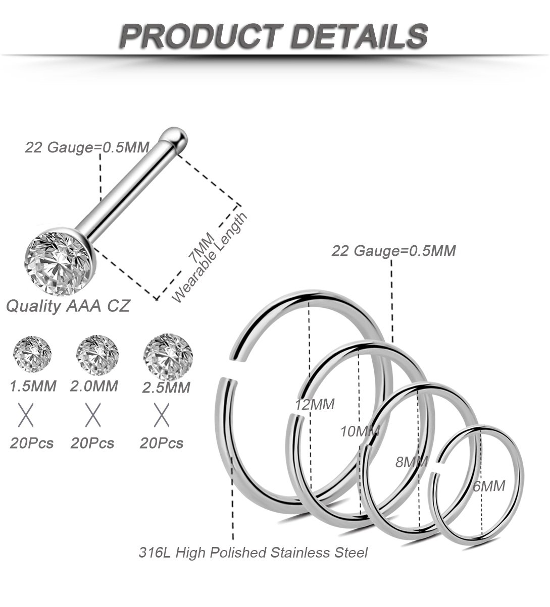 YOVORO 22G 72PCS 316L Stainless Steel Nose Studs Rings Cartilage Hoop Ear Piercing Body Jewelry 1.5MM 2MM 2.5MM W