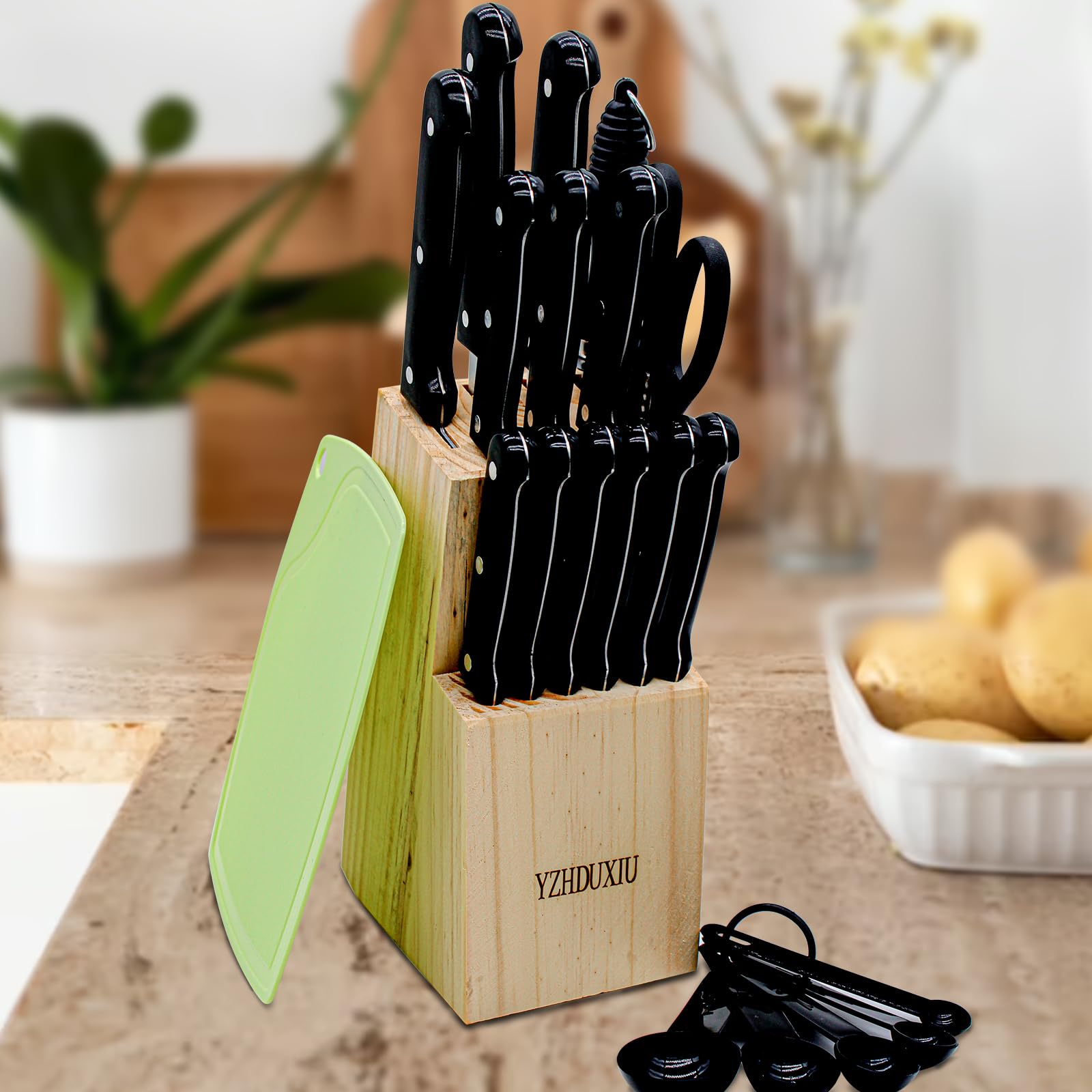 YZHDUXIU 21-Pieces Knife Block Set, Sharp Kitchen Knife Set with Chopping Board, Measuring Spoon & Wood Block, High-Carbon Stainless Steel Knife Sets for Cooking, Cutting Steak & Vegetable