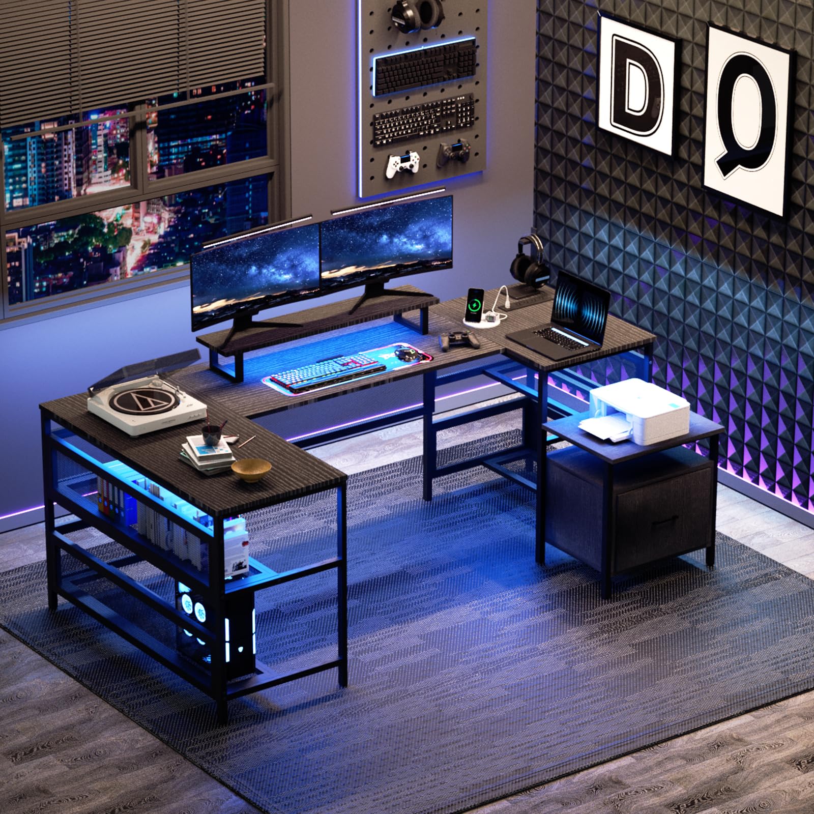 WASAGUN U Shaped Desk with File Drawer, 82.6" U Shaped Desk,Computer Desk with Power Outlet,Home Office Desk with Monitor Shelf,Printer Storage Shelves,Gaming Desk,Black