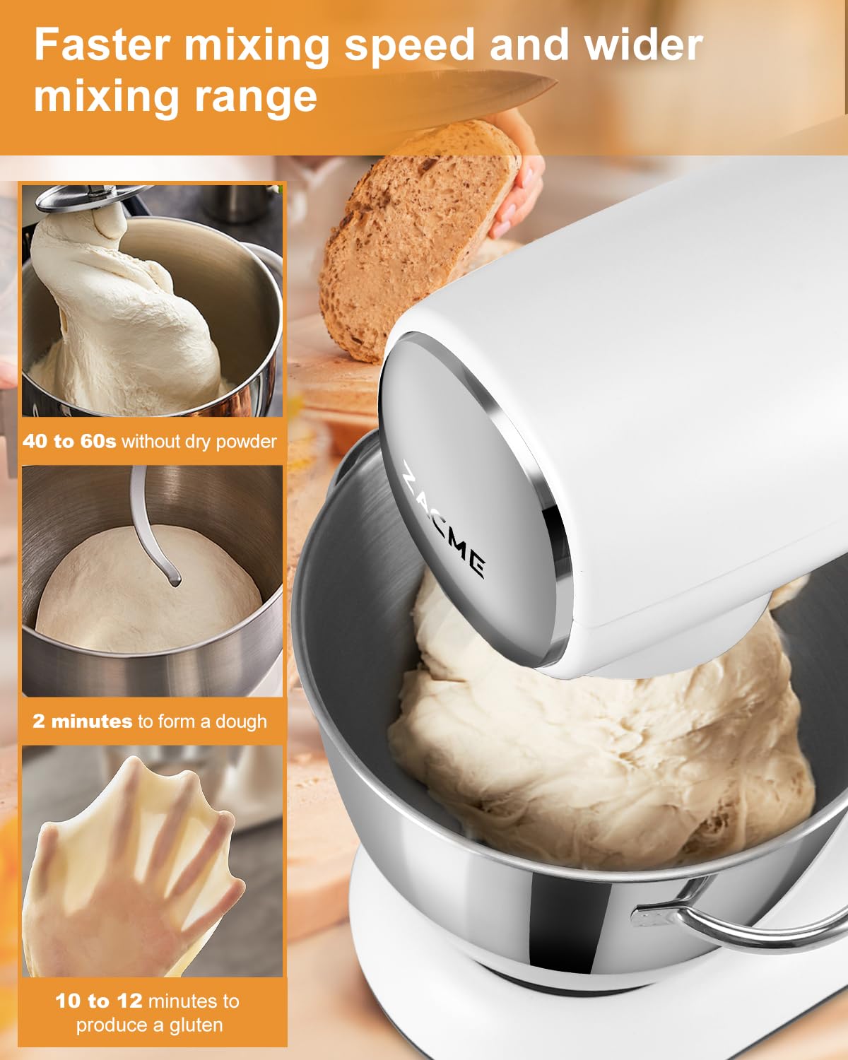 ZACME Mixers Kitchen Electric Stand Mixer, Aluminum die casting and Gears, 1 Hour Continuous Operation, Dual Cooling System, Low Noise DC Motor, LED Display and Timing Function, 600W 5.5QT, Food Grade