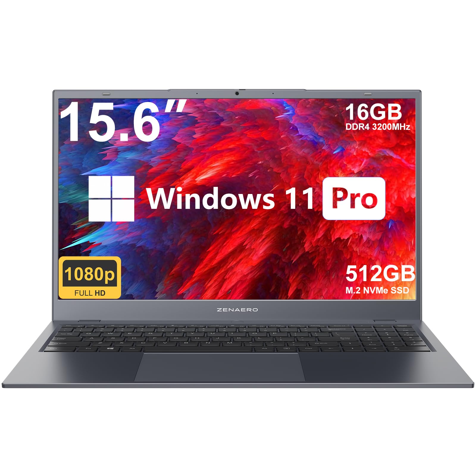 ZENAERO 15.6" Laptop 16GB RAM, 512GB NVMe SSD, 12th Intel Alder Lake-N95 (4C/4T, up to 3.4GHz) FHD IPS Display (1080P)/Full-Function Type-C/Gigabit Ethernet/BT5.0/Windows 11 Pro Notebook Computer