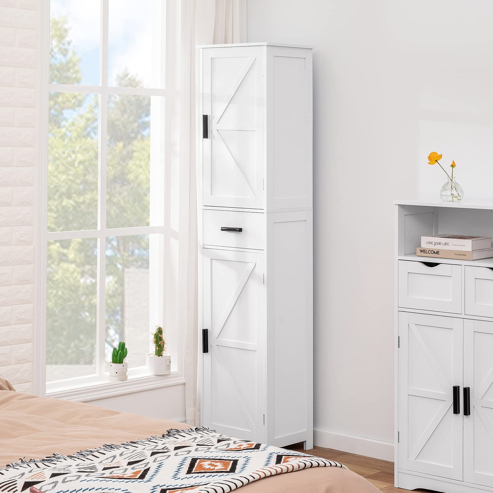 WEENFON Tall Bathroom Cabinet, Storage Cabinet with 6 Shelves & Drawer, Bathroom Storage Cabinet with Ajustable Shelves, Tall Cabinet for Living Room, Home Office, White