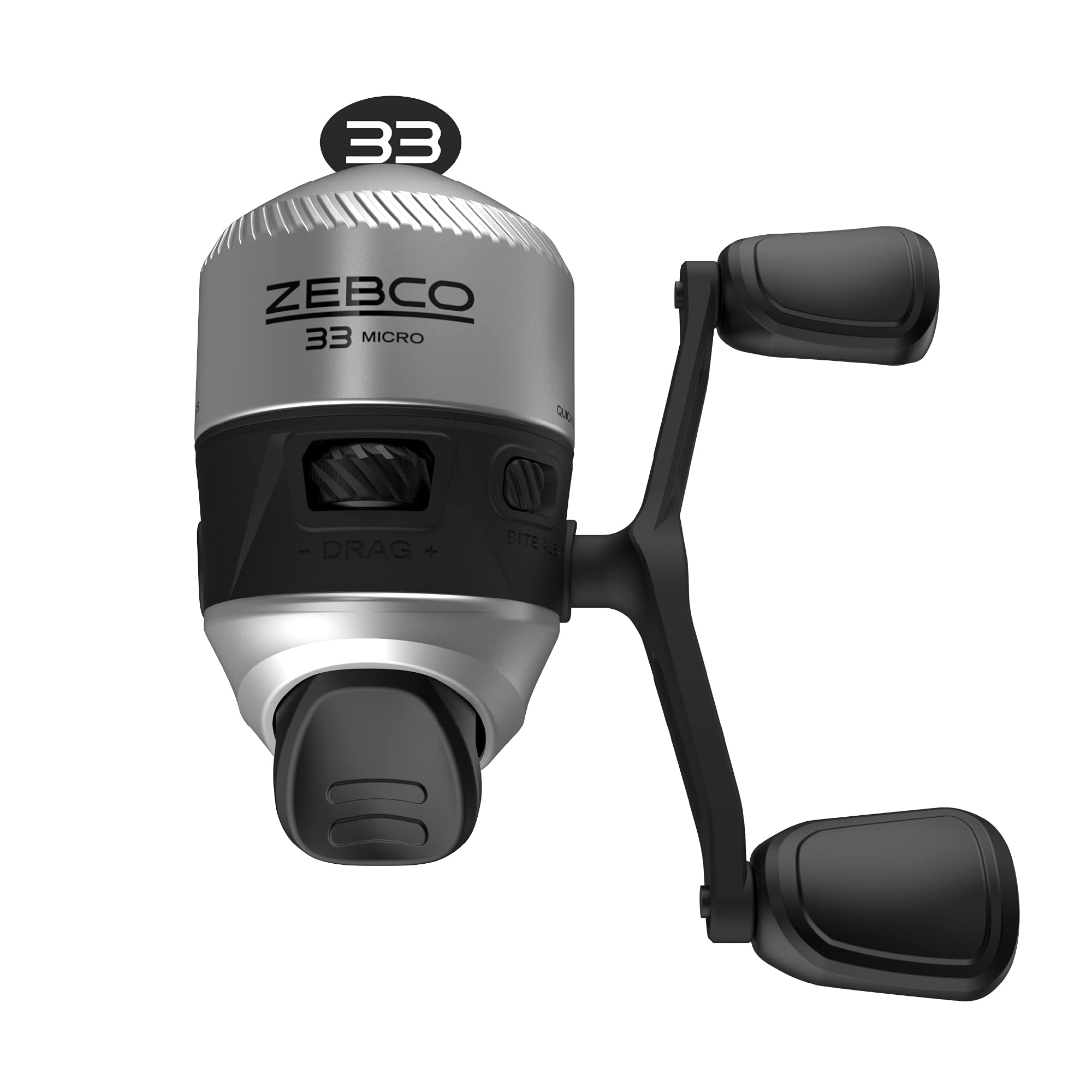 Zebco 33 Micro Spincast Fishing Reel, Size 10 Reel, Changeable Right- or Left-Hand Retrieve, Built-In Bite Alert, Durable All-Metal Gears, Pre-Spooled with 4-Pound Zebco Cajun Line, Silver/Black