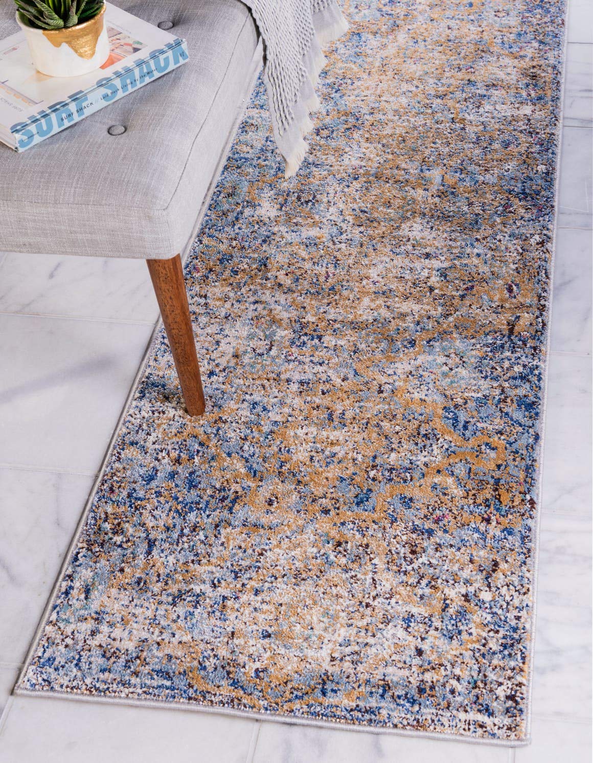Unique Loom Augustus Collection Rustic Traditional, Bohemian Area Rug, 2' 7" x 12' 2", Tan/Blue