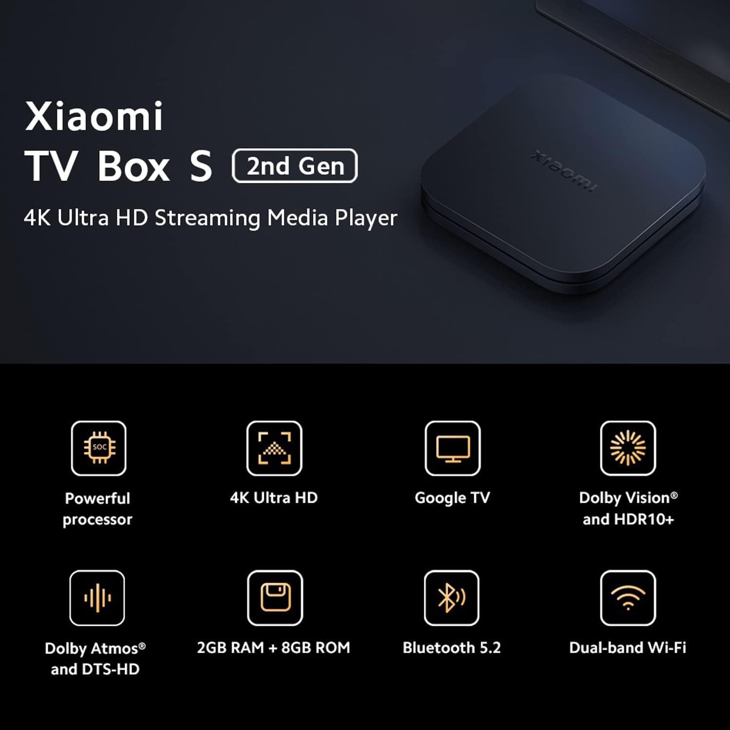 Xiaomi TV Box S 2nd Gen - 4K Ultra HD Streaming Media Player, Google TV Box with 2GB RAM 8GB ROM, 2.4G/5G Dual WiFi, Bluetooth 5.2 & Dolby Audio and DTS-HD, Dolby Vision, HDR10+