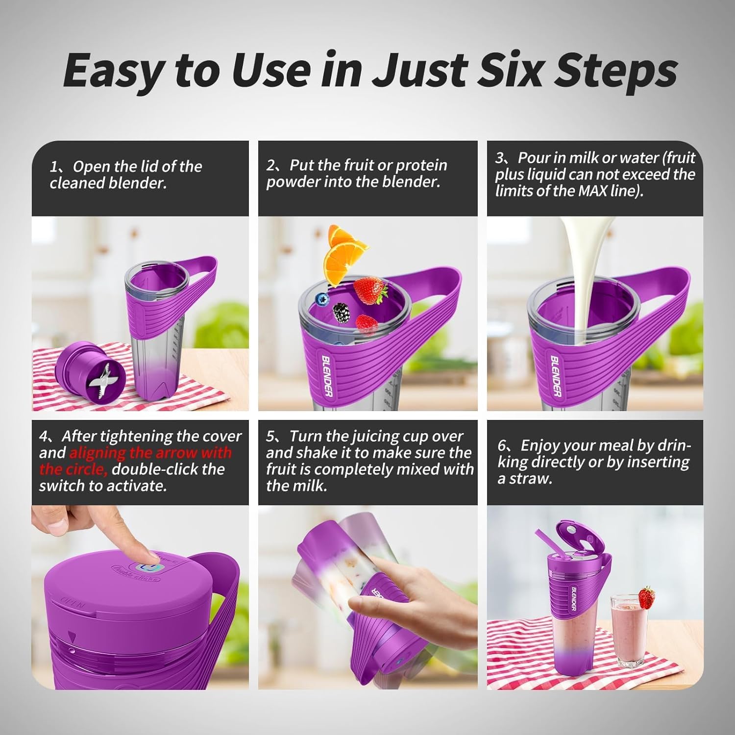 Xibonol Portable Blender, Blender for Shakes and Smoothies, 16 Oz Rechargeable Type-C Personal Blender, Mini Blender with Ultra Sharp Four Blades (Purple)