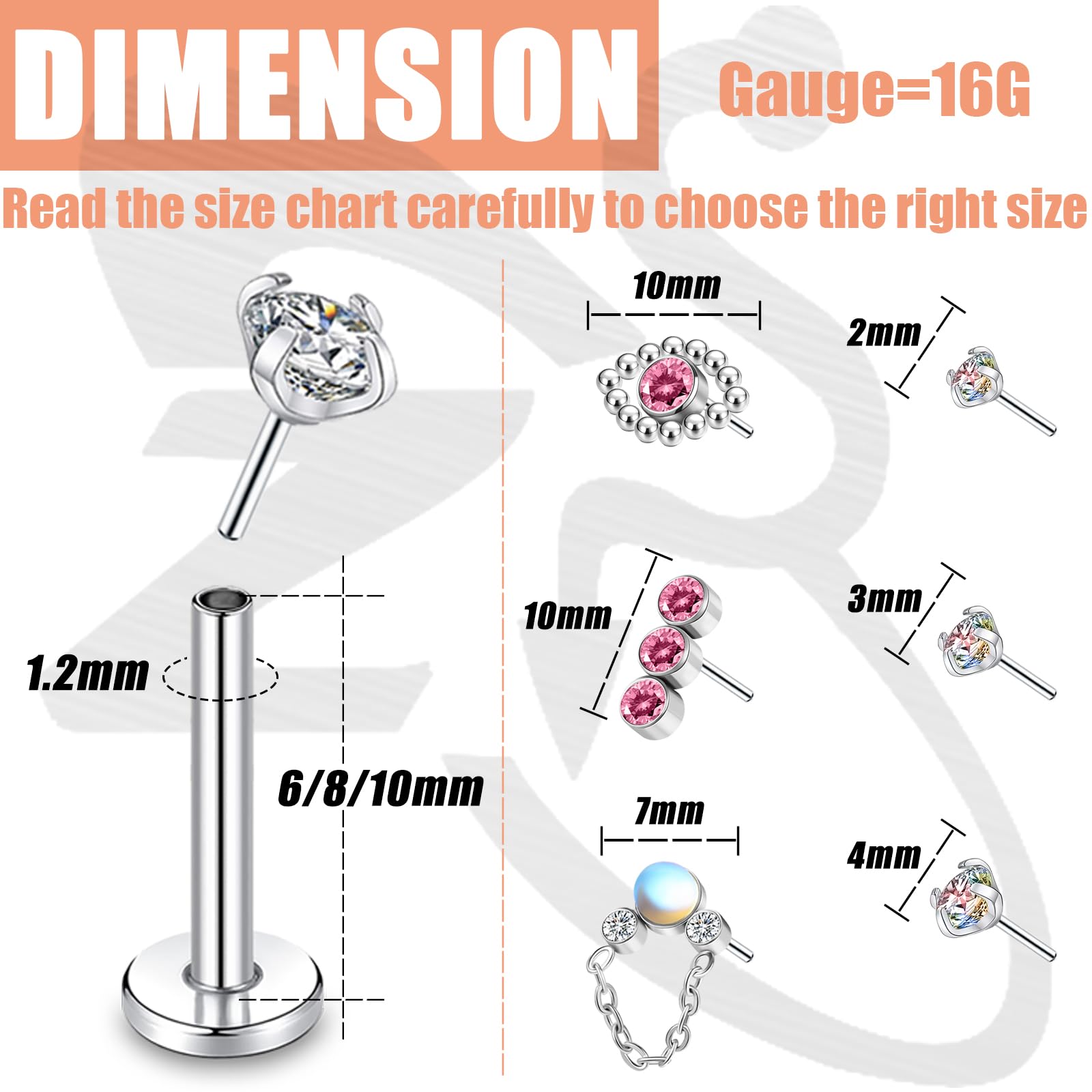 ZS 16G Stainless Steel Flat Back Earrings Stud Threadless Tragus Cartilage Lip Medusa Piercing Jewelry for Women Men (D,L:6mm)