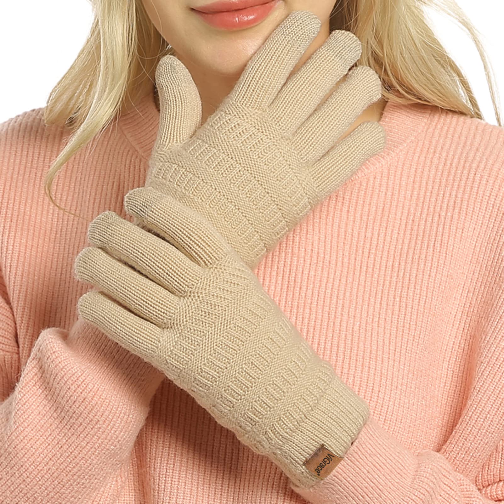 ViGrace Womens Winter Touchscreen Gloves Cable Knit Warm Lined 3 Fingers Dual-layer Touch Screen Texting Thermal Glove for Women