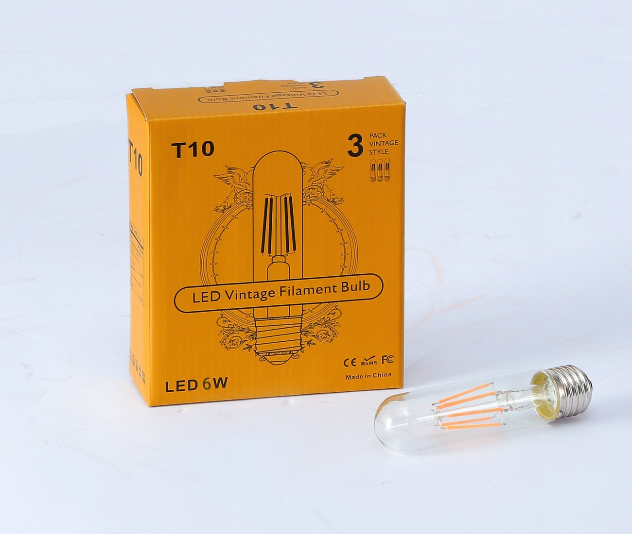 ZYCYLIGHT T10 6W Tubular LED Bulb, Dimmable Led Edison Bulb,Led Filament Bulb, T10 Nostalgic Led Bulb, E26 Medium Base, 60 Watt Bulb Equivalent, 2700K Warm White,550LM,Clear Glass Cover, 3-Pack