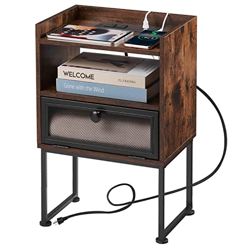 ZEXVIDA Nightstand with Charging Station for Small Space, Record Player Stand, Small End Table Sofa Side Table for Small Place Living Room Bedroom Apartment Reception, Rustic Brown