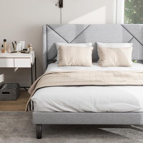 Wonder Comfort Queen Size Upholstered Bed Frame with Fabric Wingback Headboard/Upholstered Platform/12 Solid Wooden Slats, Non-Slip and Noise-Free, No Box Spring Needed, Light Gray