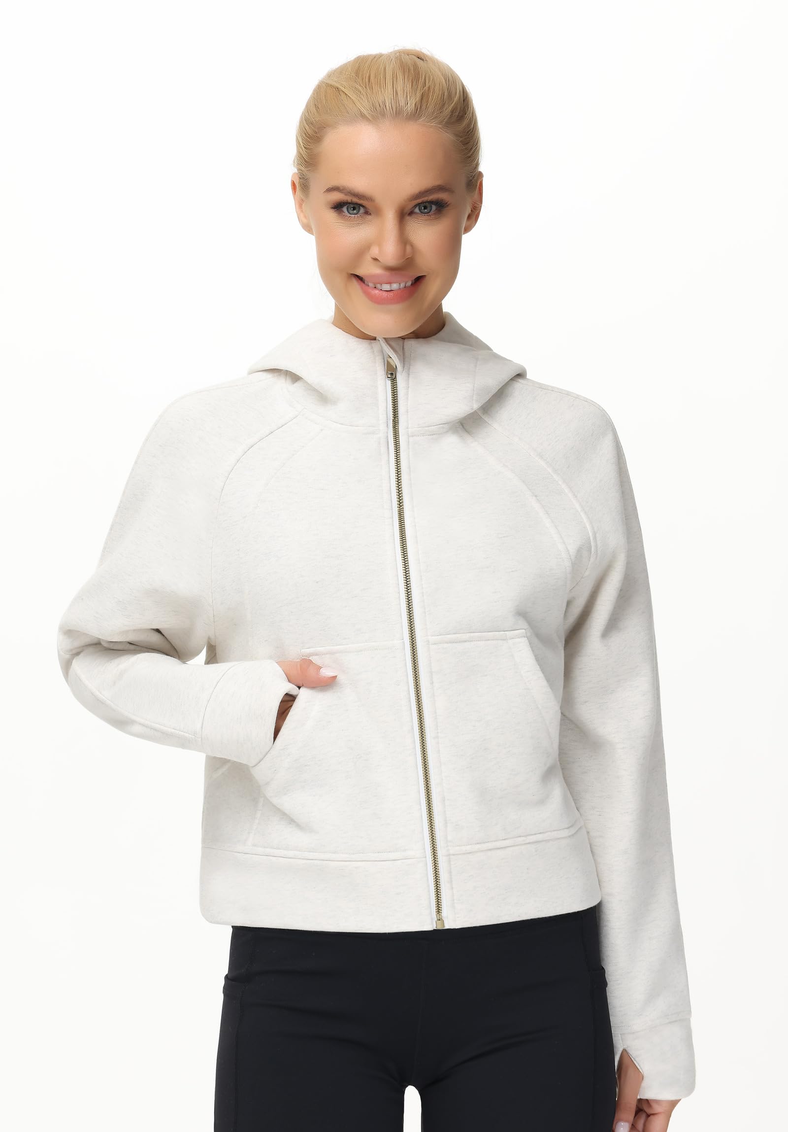 THE GYM PEOPLE Women's Full-Zip Up Hoodies Jacket Fleece Workout Crop Tops Sweatshirts with Pockets Thumb Hole Off-white
