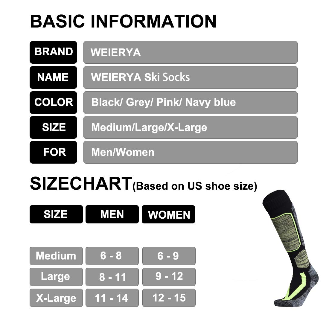 WEIERYA Ski Socks, Warm Knee High Performance Skiing Socks, Snowboard Socks (Black 2 Pairs, Medium)