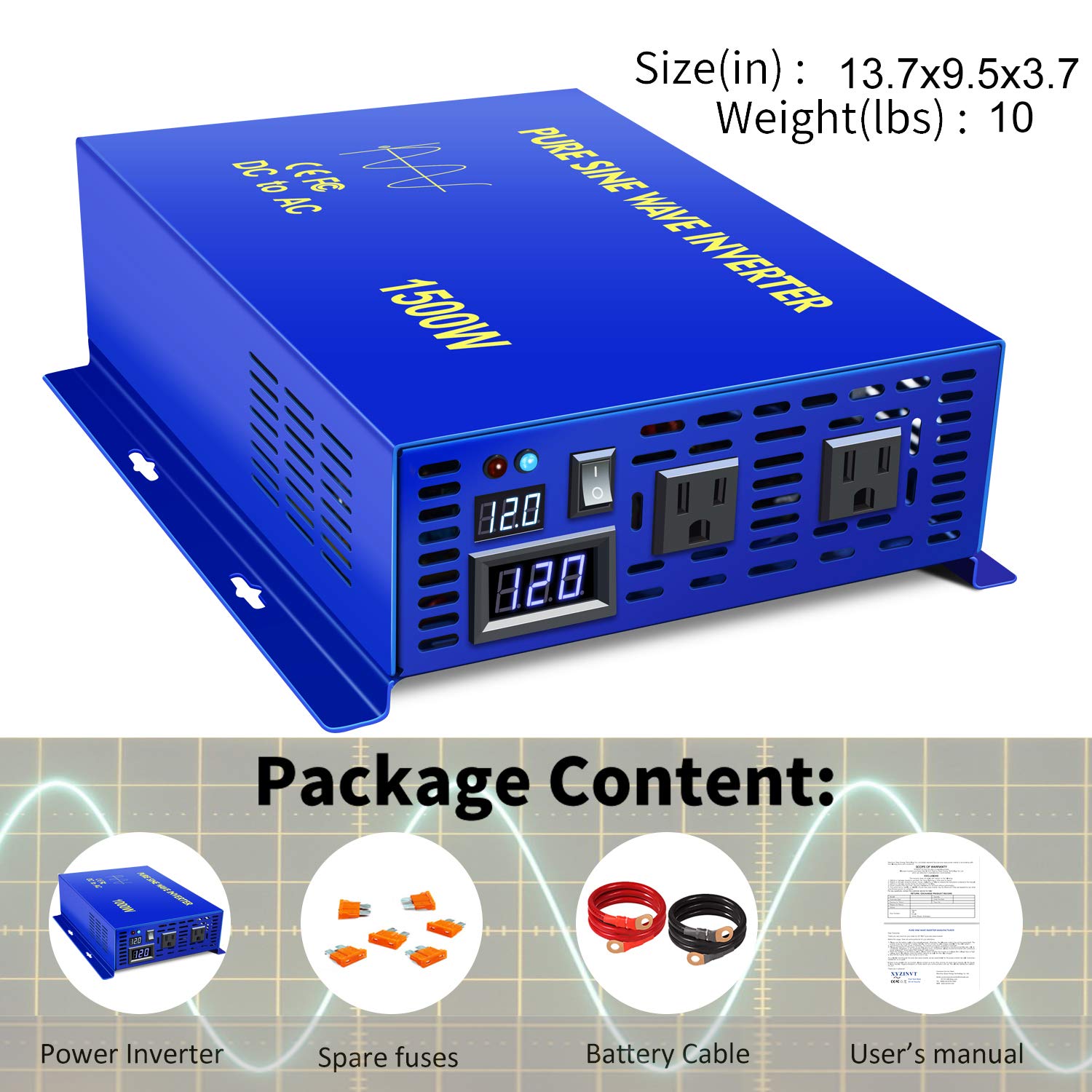 XYZ INVT Pure Sine Wave Inverter - 1500W Power Convert12v dc to 110v ac at 60hz for Solar System (1500w/12v)
