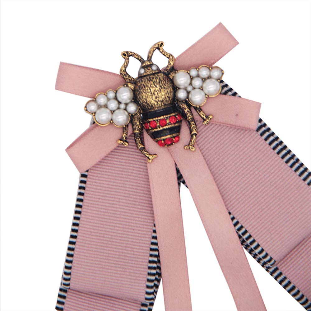 Vpang Retro Pearl Bee Bow Brooch Pre-Tied Neck Tie Brooch Pin Satin Ribbon Bow Tie for Women Wedding Party Bow Tie