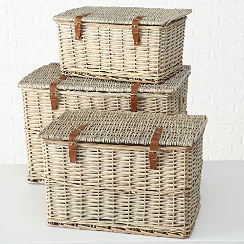 WHW Whole House Worlds Cape Cod Wicker Storage Trunks, Set of 3 Sizes, Faux Leather Straps and Handles, Hinged Tops