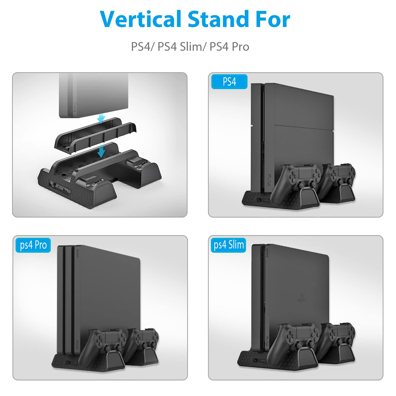 URWOOW Vertical Stand for PS4/PS4 Slim/PS4 Pro - Cooling Fan with PS4 Charger Controller Charging Station with Game Storage (Black)