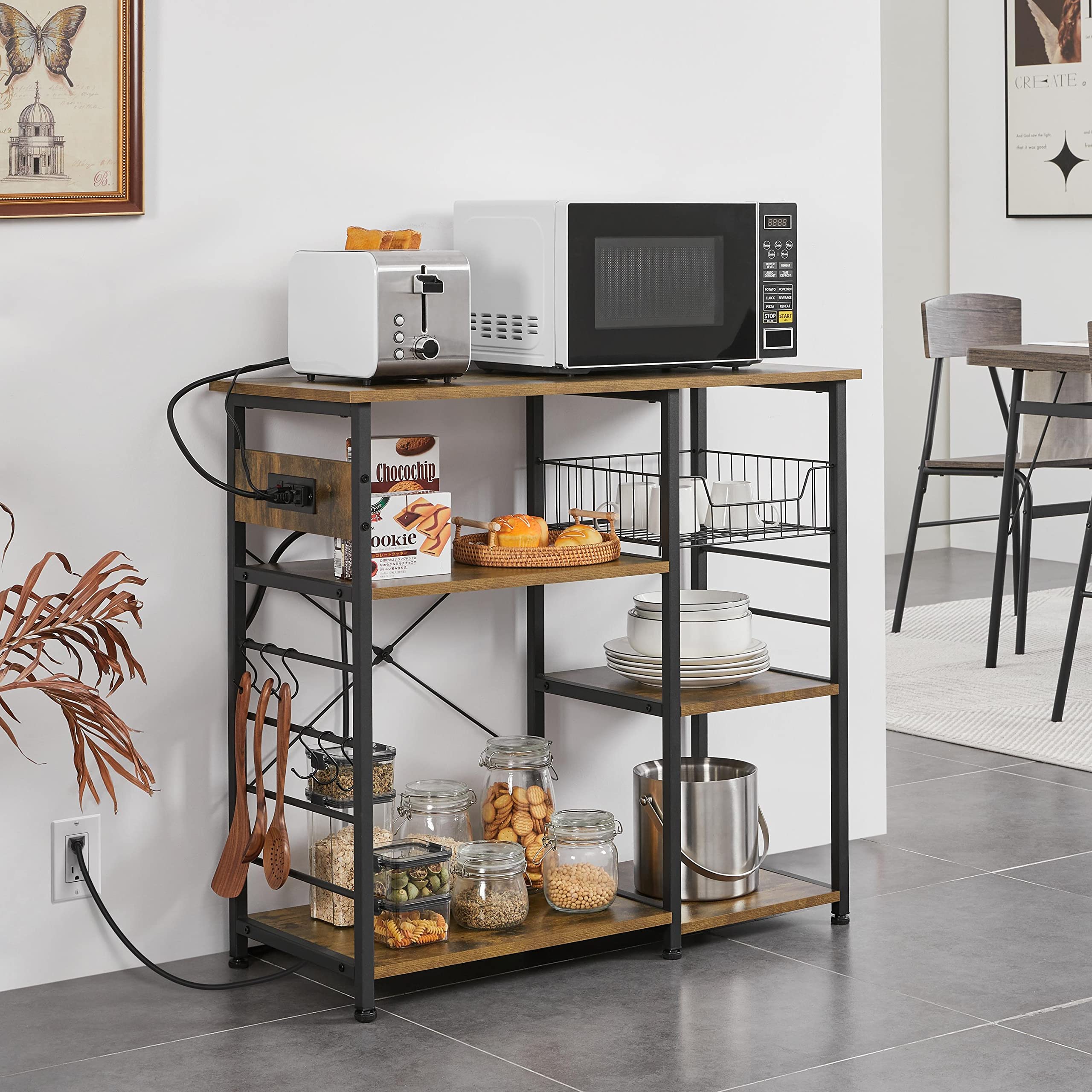 Yaheetech Kitchen Bakers Rack with Power Outlet & Wire Basket, Coffee Bar Microwave Stand with 6 Hooks, Freestanding Storage Shelf for Spices, Pots Pans, Rustic Brown