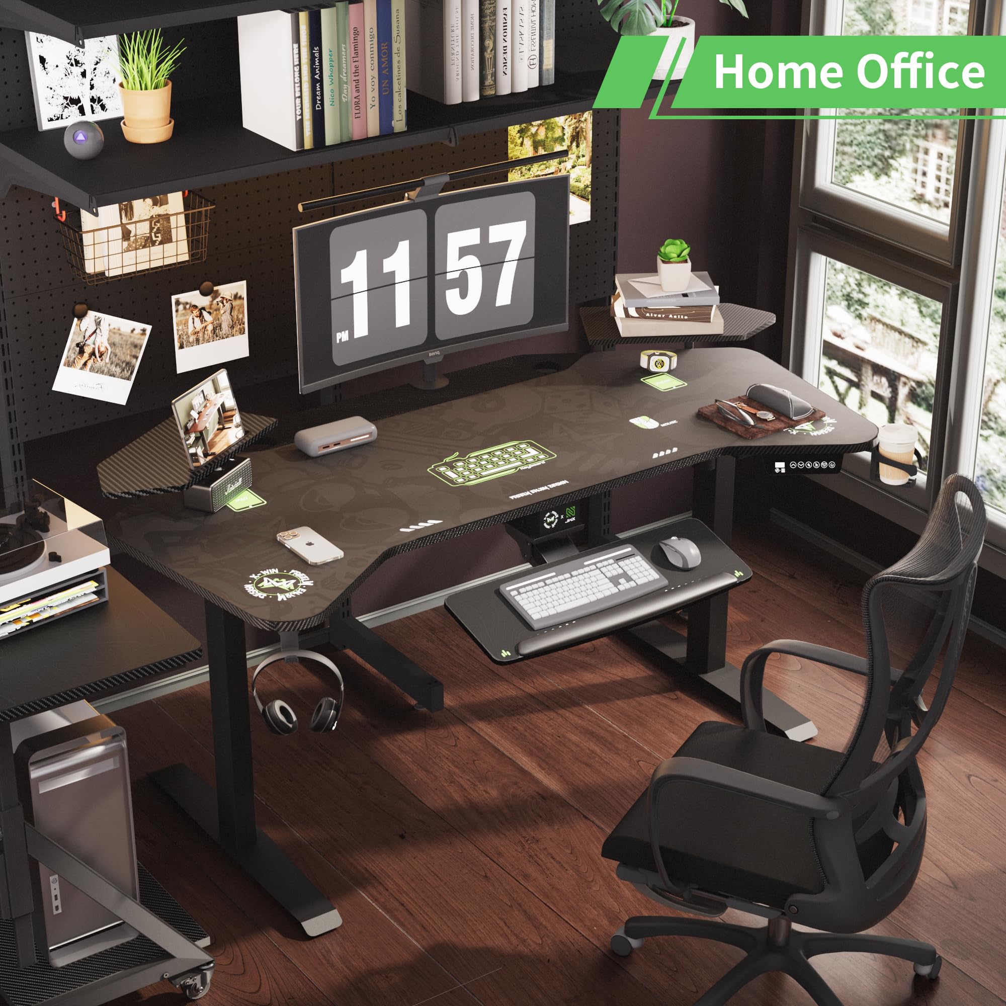 X-WIN 63" Standing Gaming Desk, Wing-Shaped Computer Desk with Full Coverage Mouse Pad, Electric Height Adjustable Standing Desk with RGB LED Lights and Slot Design Shelves for Home Office