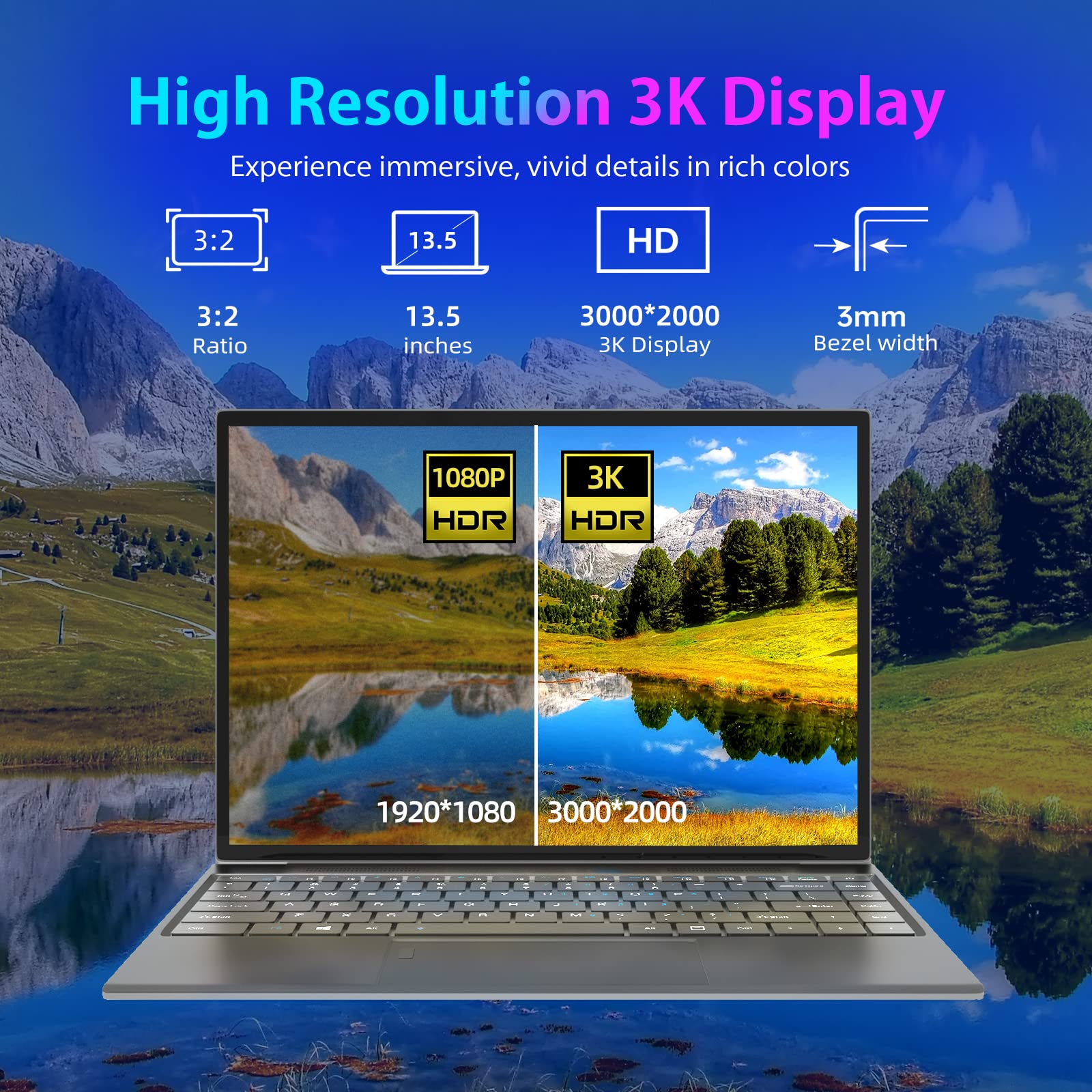 Win11 Laptop, 13.5" 3K (3000 x 2000) IPS Display，16GB+512GB SSD，10th Generation i5-1035G1 Up to 3.6GHz, Slim Notebook, Full Metal, Backlit Keyboard, Full Function Type C, Finger Print