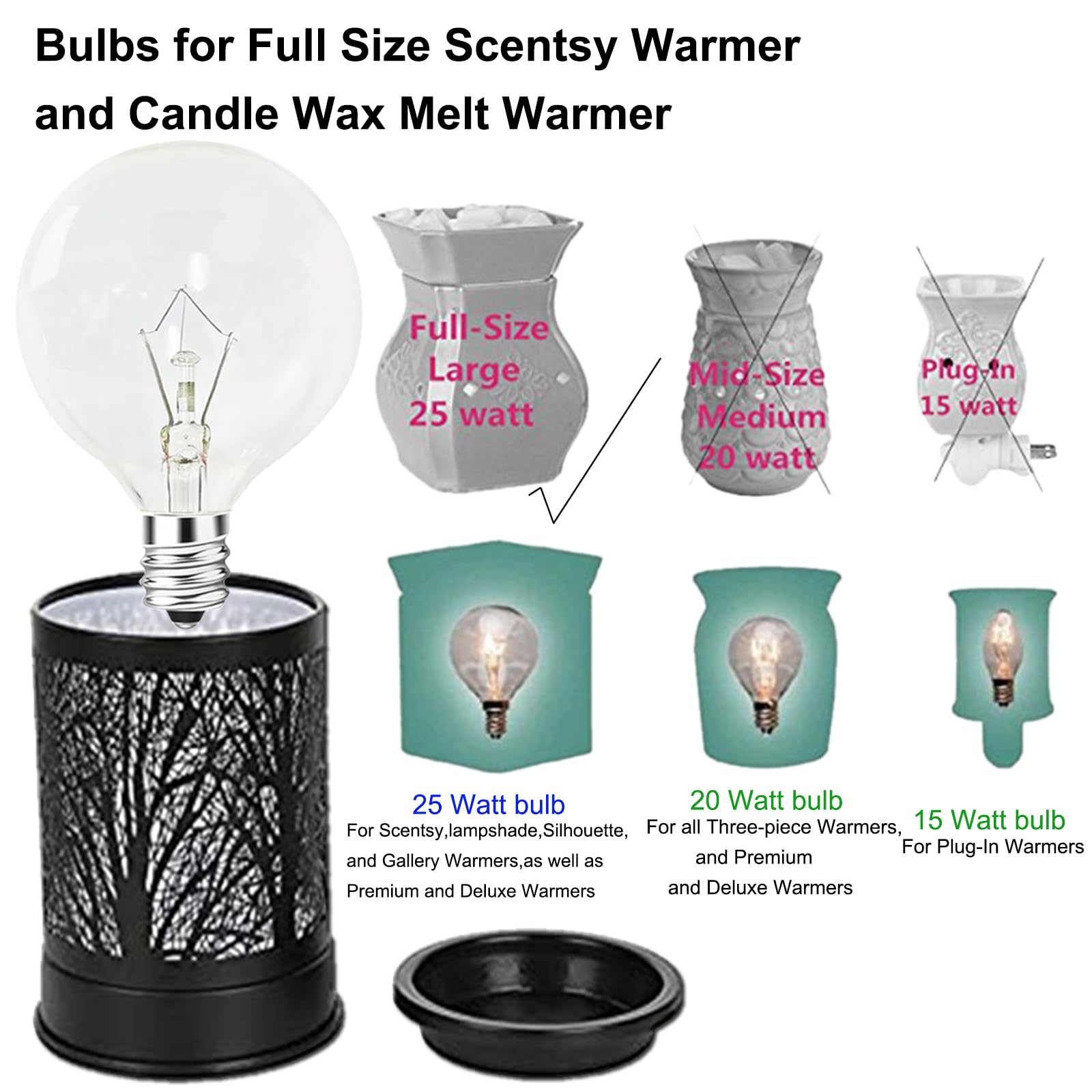 Wax Warmer Bulbs 25 Watt,G50 Light Bulbs for Full Size Scentsy Warmers,120V E12 Base G16.5 Globe Clear Light Bulbs for Candle Wax Warmer,Dimmable,Long Lifespan,Warm White,6 Pack
