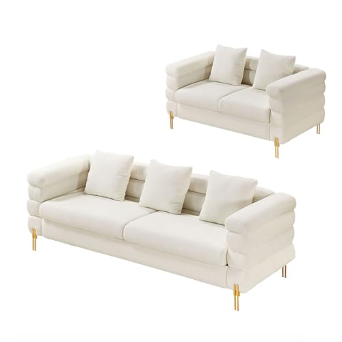 VanAcc Modern Sofa Couch, 2 Piece Set 24''Extra Deep Seat Sectional Sofa for Living Room, 85 inch Oversized Sofa, 3 Seat Sofa, Loveseat, White