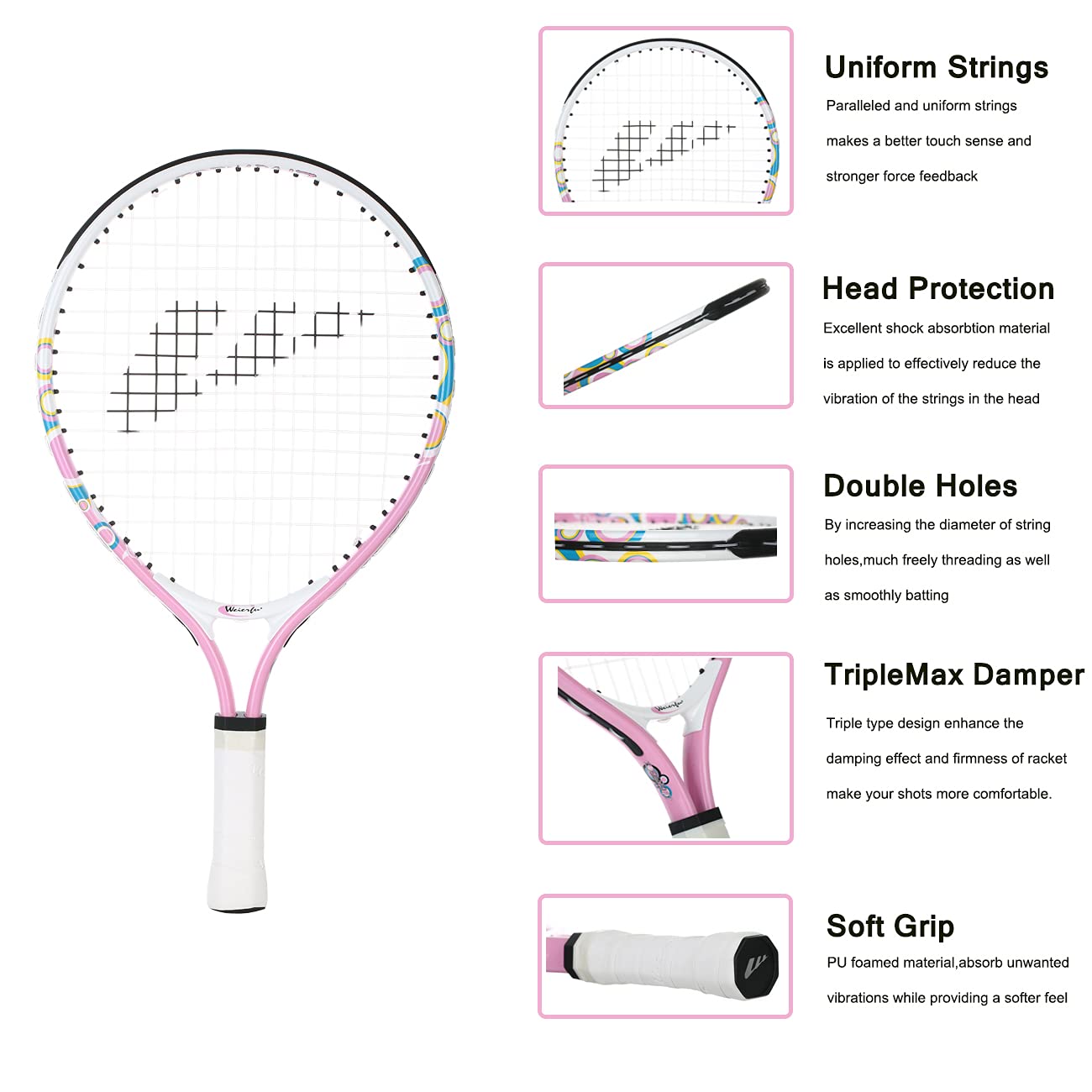 Weierfu Junior Tennis Racket for Kids Toddlers Starter Racket 17" with Cover Bag Light Weight(Strung) (17" Pink)