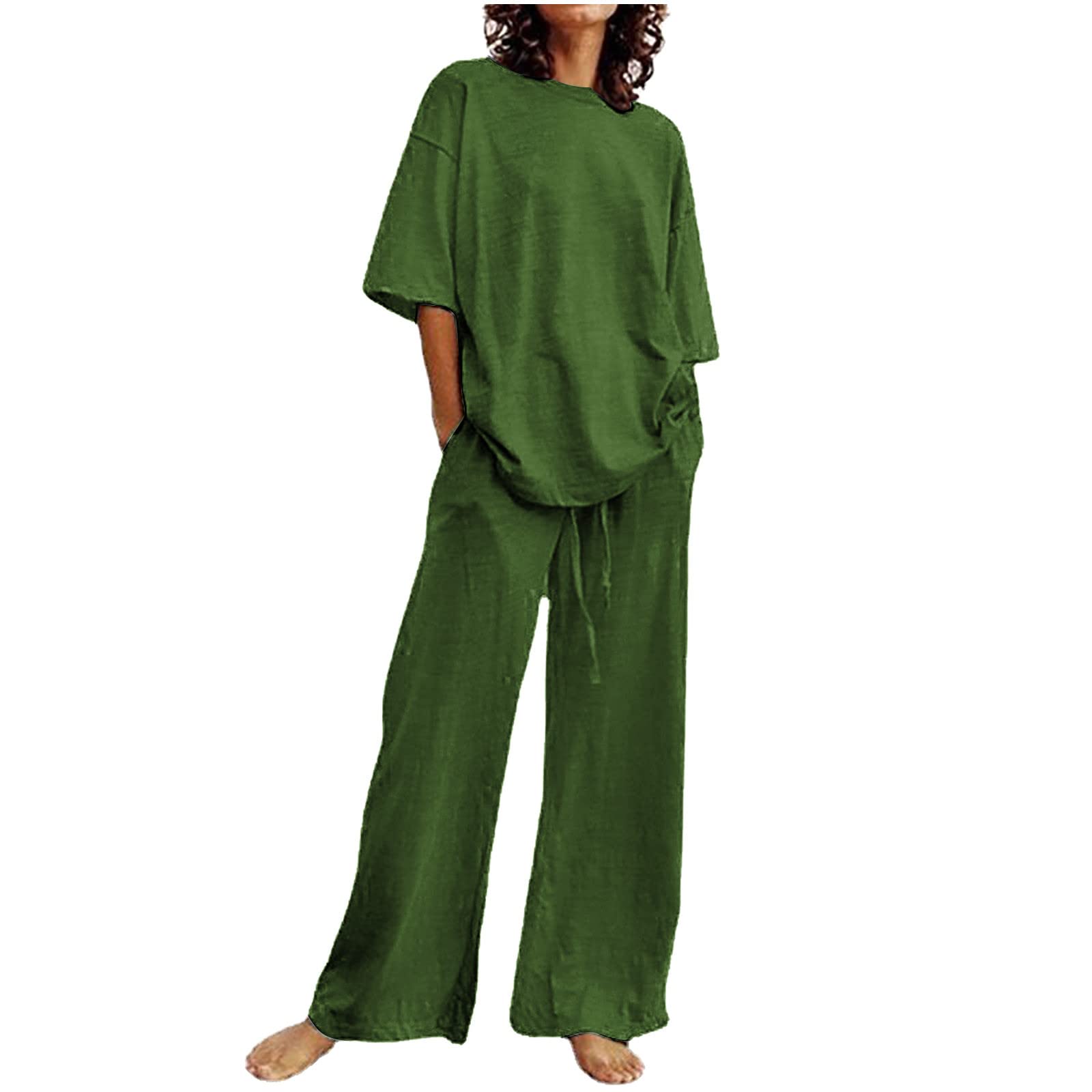 yardsong Lightning Deals of Today Summer Outfits for Women 2 Piece Cotton Linen Set Boyfriend Oversized T Shirts Straight Leg Pant Plus Size Tracksuit