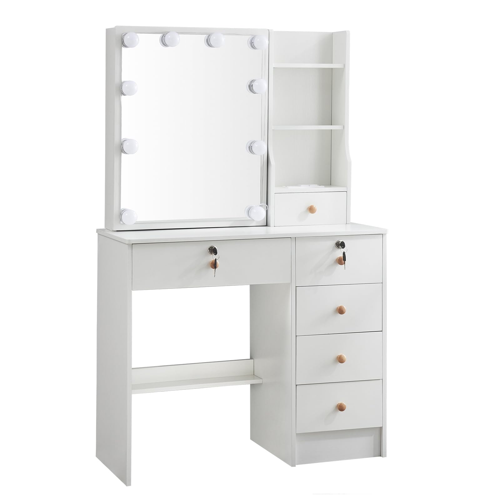 Vanity Table with Mirror and Lights, Power Outlet, Vanity with Chair and 5 Drawers for Girls, Modern Makeup Dressing Table with Hidden Storage, White