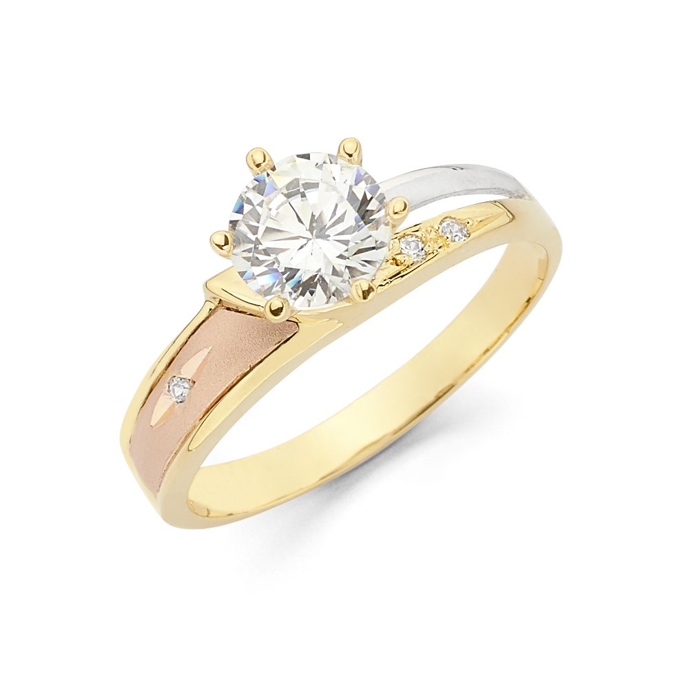 Wellingsale Ladies Solid 14k 3 Tri Color White Yellow and Rose/Pink Gold Polished Diamond Cut CZ Cubic Zirconia Engagement Ring - Size 4.5