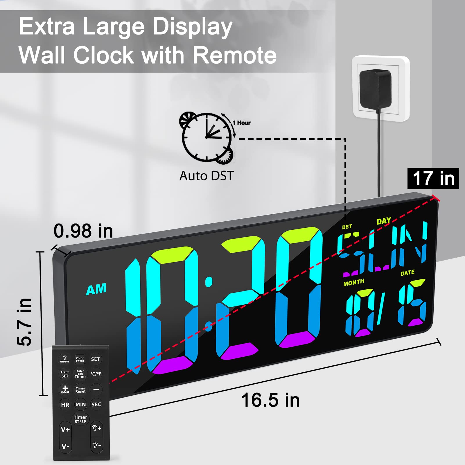 XREXS Large Digital Wall Clock with Remote Control, 17 Inch LED Large Display Count Up & Down Timer, Adjustable Brightness RGB Color Changing Clock Alarm Clock for Home, Gym, Office and Classroom