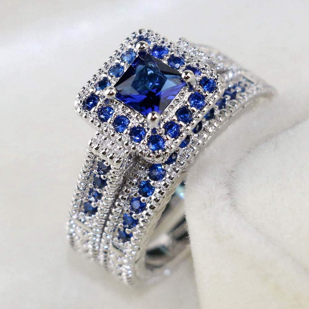 White Gold Filled 2pcs Womens Wedding Ring Sets Bridal Sets Princess Cut Cz Engagement Ring Wedding Bands