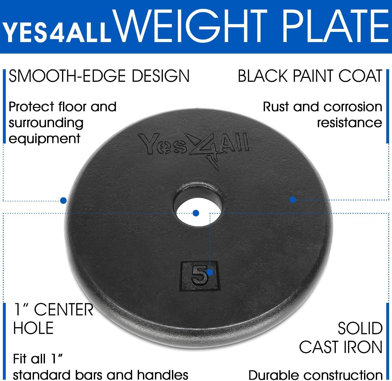 Yes4All 1-inch Cast Iron Weight Plates for Dumbbells β Standard Weight Disc Plates (5 lbs, Single)
