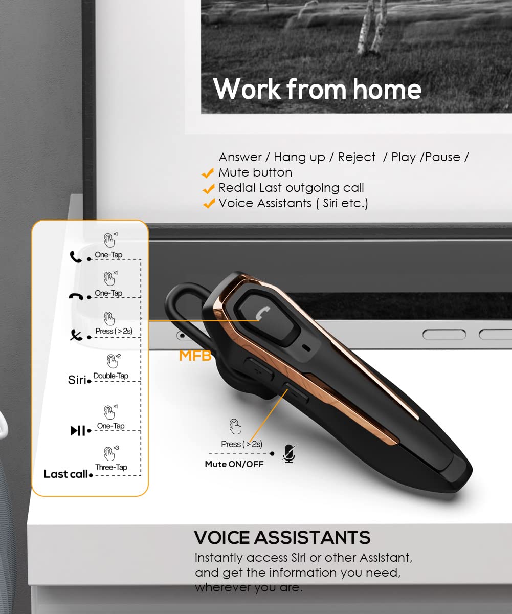 ZOUKAI Bluetooth Headset, Noise Cancelling with 2 Microphones, 30 Hours Talk Time, Announce Caller ID, Hands Free Bluetooth Wireless Earpiece for Cell Phones/Laptop/PC