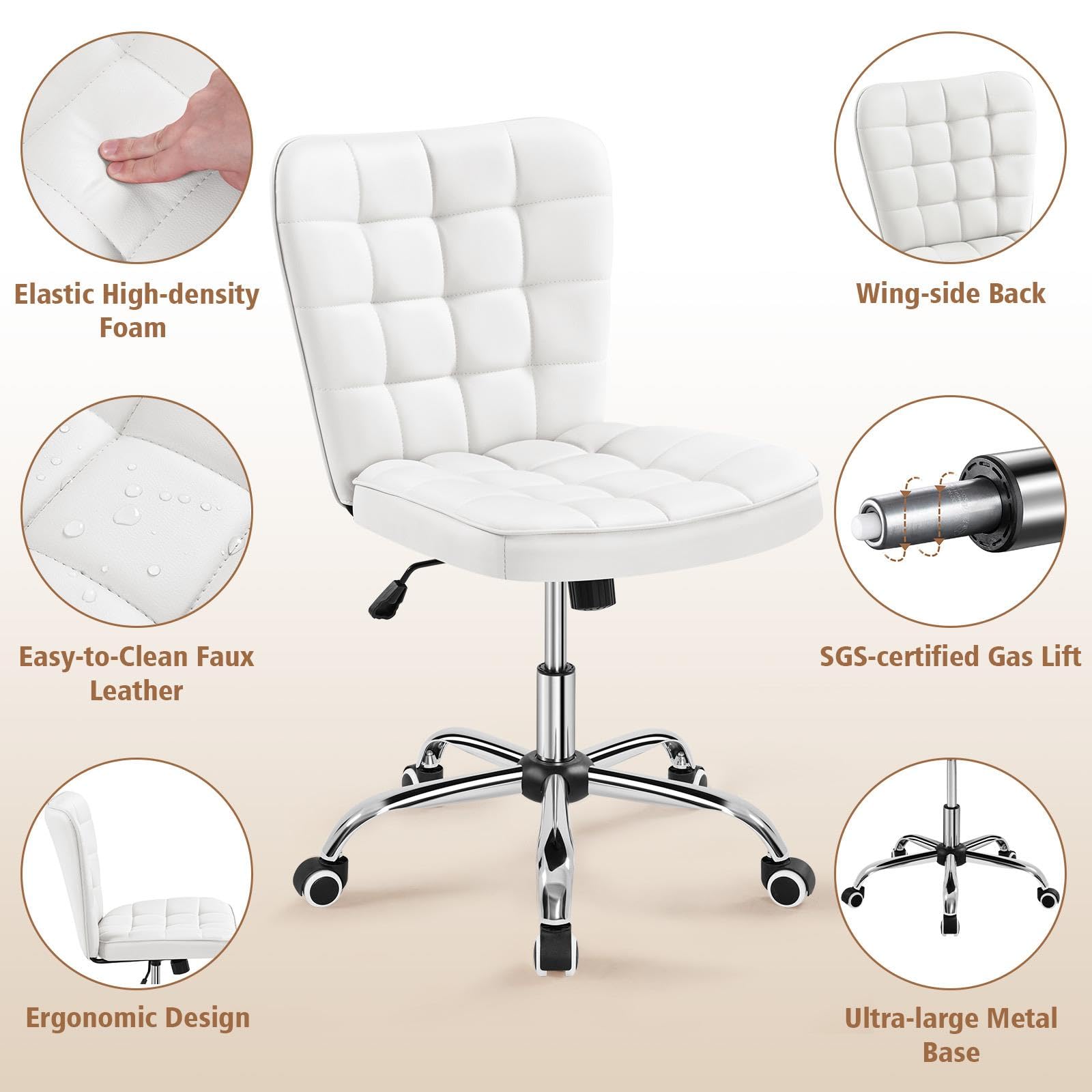 Yaheetech Armless Desk Chair Modern Tufted Office Chair Faux Leather Upholstered Computer Chair with Adjustable Seat Height and Rolling Wheels for Home/Office, White