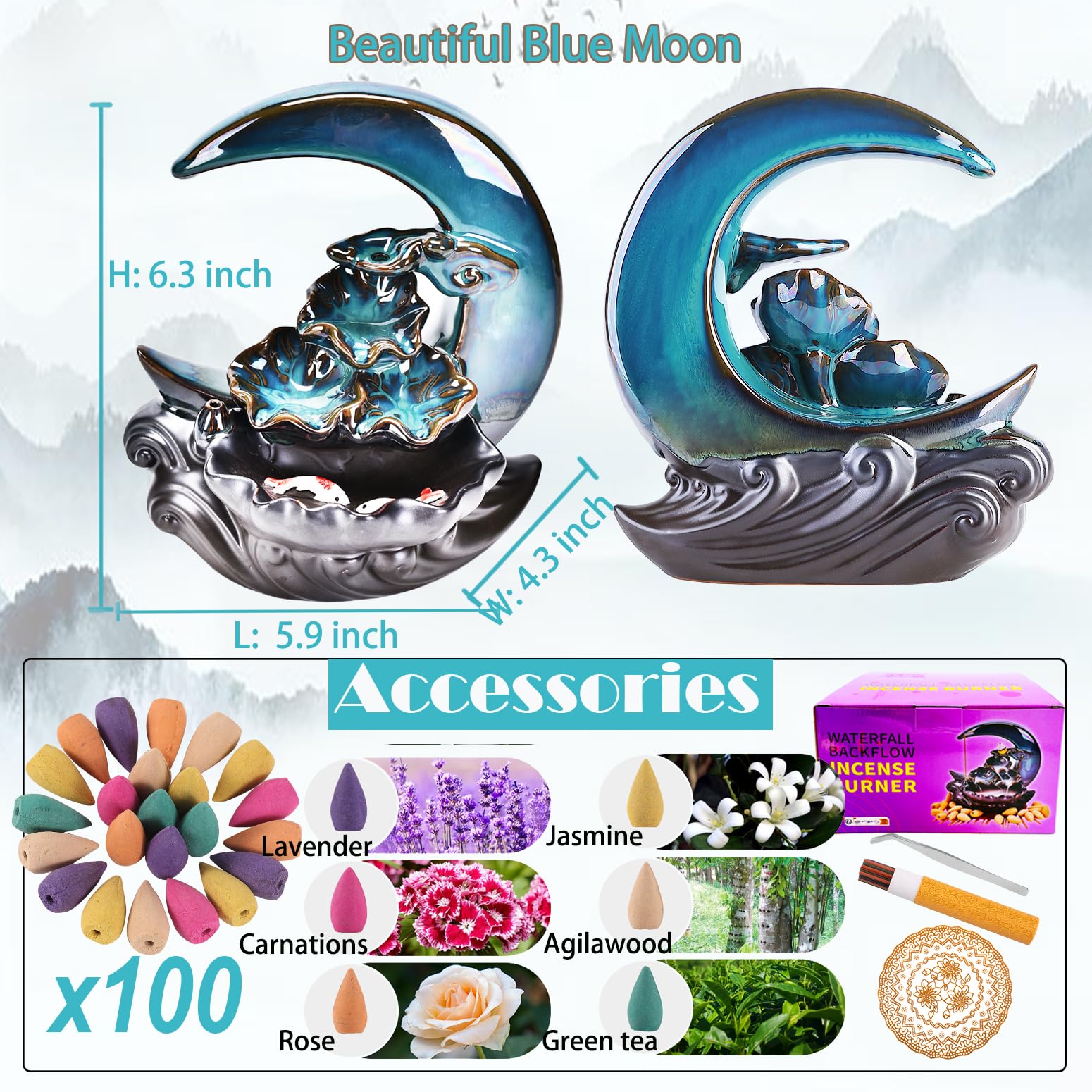 Zvaiuk New Moon Backflow Incense Holder, Ceramic Hand-Made Incense Fountain Burner with 100 Backflow Incense Cones,Fragrance Incense Stick,mat,Aromatherapy Home Decoration