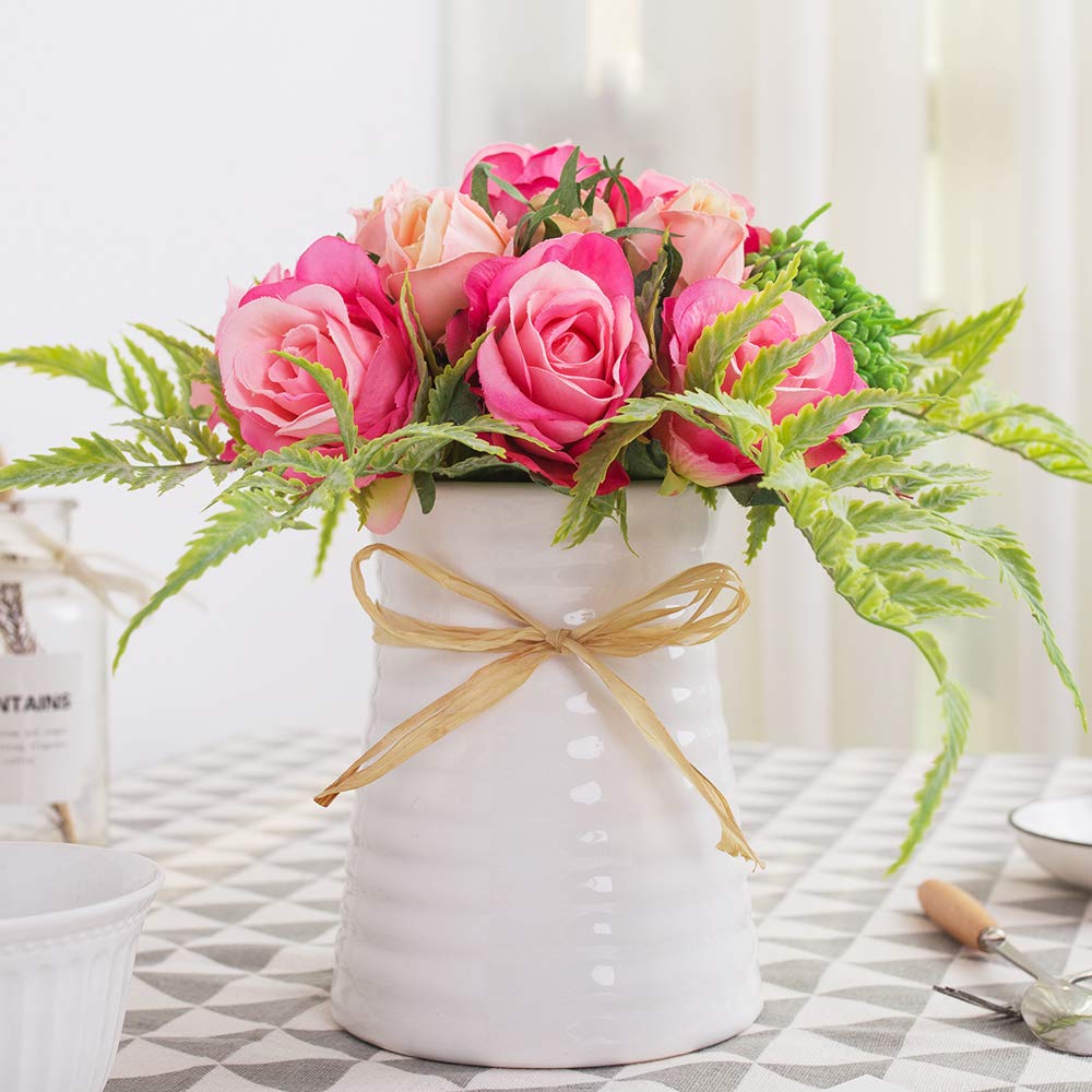 YIBELAAT Artificial Flowers Rose in Vase Bridal Wedding Bouquets Latex Real Touch Flower Arrangements (Rose Red)