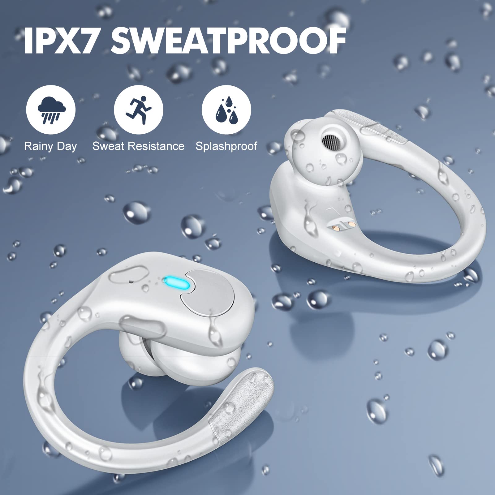 Wireless Earbuds, Bluetooth Headphones 80Hrs Playback with LED Diaplay Charging Case Noise Cancelling Ear buds with Earhooks, IPX7 Waterproof Over Ear Earphones for Sports Running Workout(White)