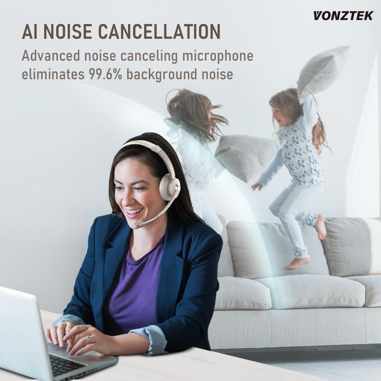 Wireless Headset, Bluetooth Headset with Microphone Noise Canceling, 45H Talk Time Wireless Headphones with USB Dongle & Mute for PC Computer Cell Phone Office Remote Work Zoom Meeting Call - Dune