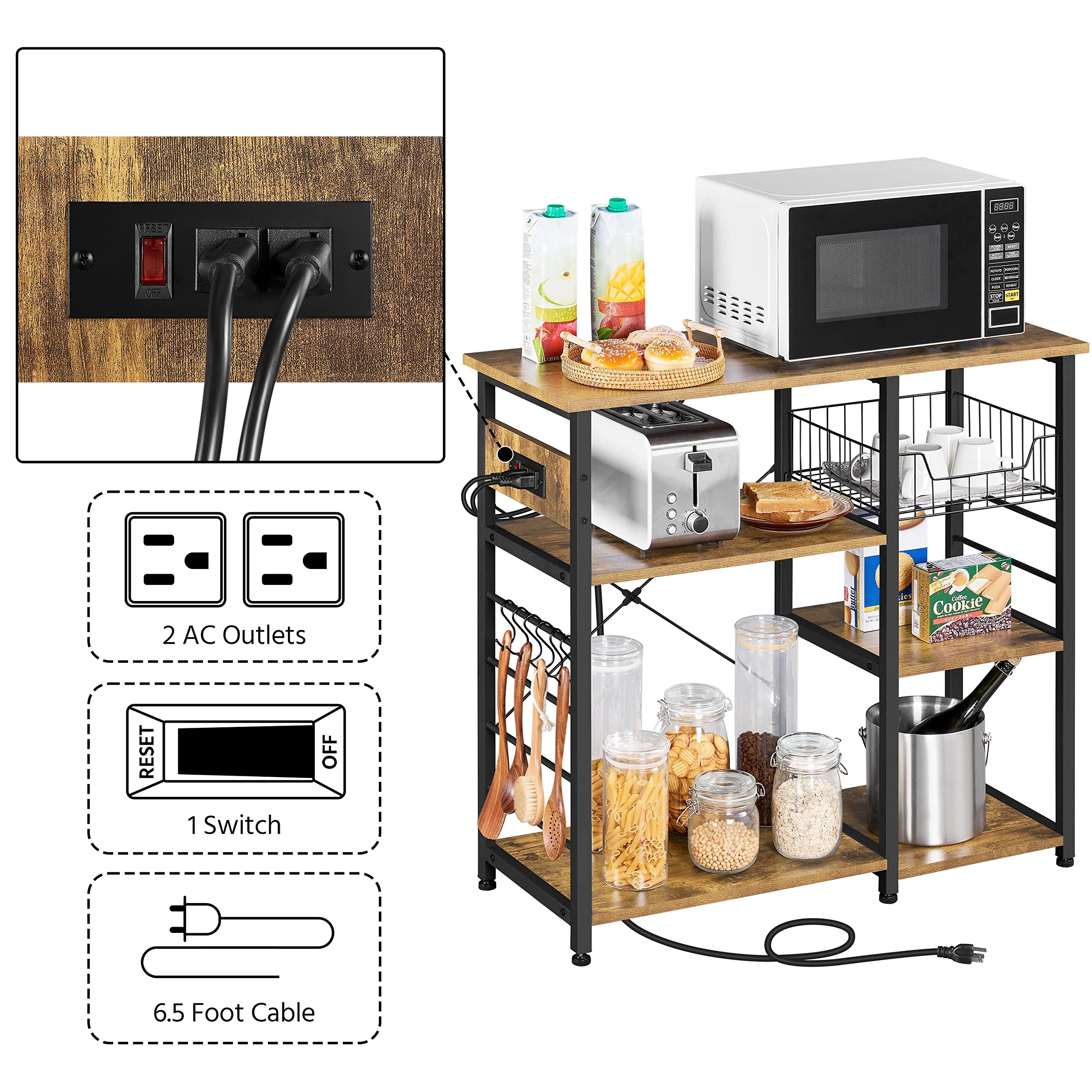 Yaheetech Kitchen Bakers Rack with Power Outlet & Wire Basket, Coffee Bar Microwave Stand with 6 Hooks, Freestanding Storage Shelf for Spices, Pots Pans, Rustic Brown