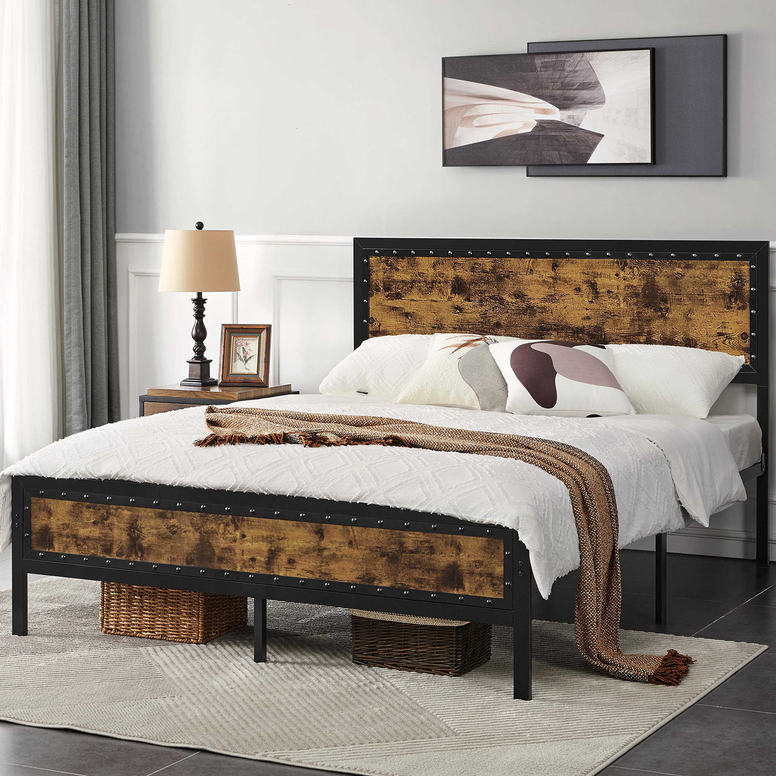 Yaheetech Queen Bed Frame Metal Bed with Rivet Design Wooden Headboard&Footboard, Modern Rustic Style/No Box Spring Needed/Easy Assembly, Rustic brown Queen Bed