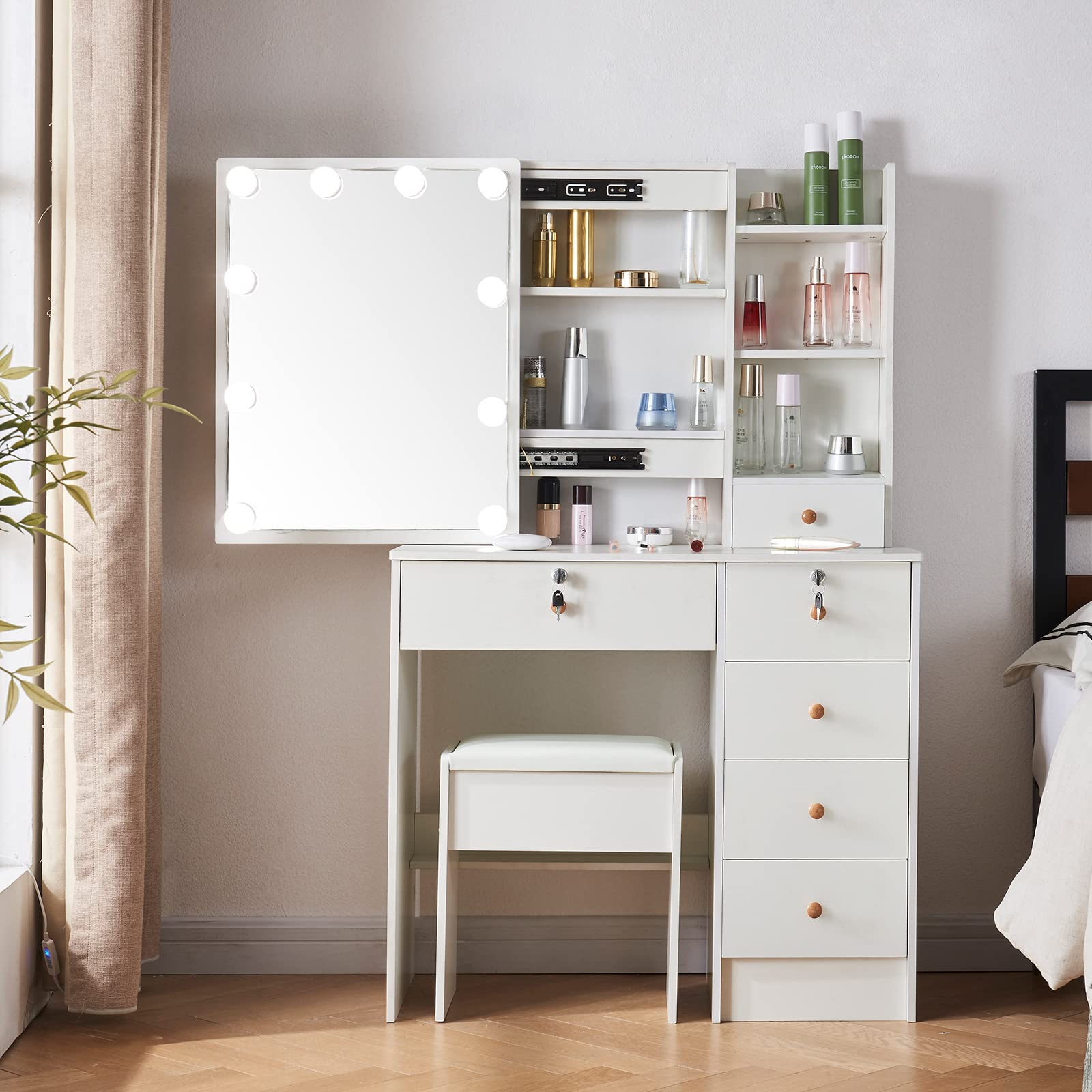 YAMISSI Premium Vanity Makeup Desk Set Girls Dressing Table with Sliding Mirror, 6 Storage Drawers and 6 Shelves, 3 Color Light Settings, Makeup Vanity Set for Bedroom. White