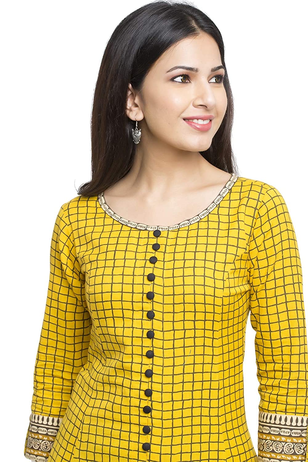 Yash Gallery Women's Cotton Slub Checks Print 3/4 Sleeves Anarkali Kurta (Yellow, XL)