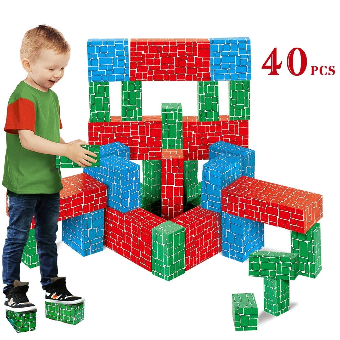 WishaLife Cardboard Blocks,40pcs Building Blocks Extra-Thick Jumbo Stackable Bricks in 3 Size for Toddlers Kids