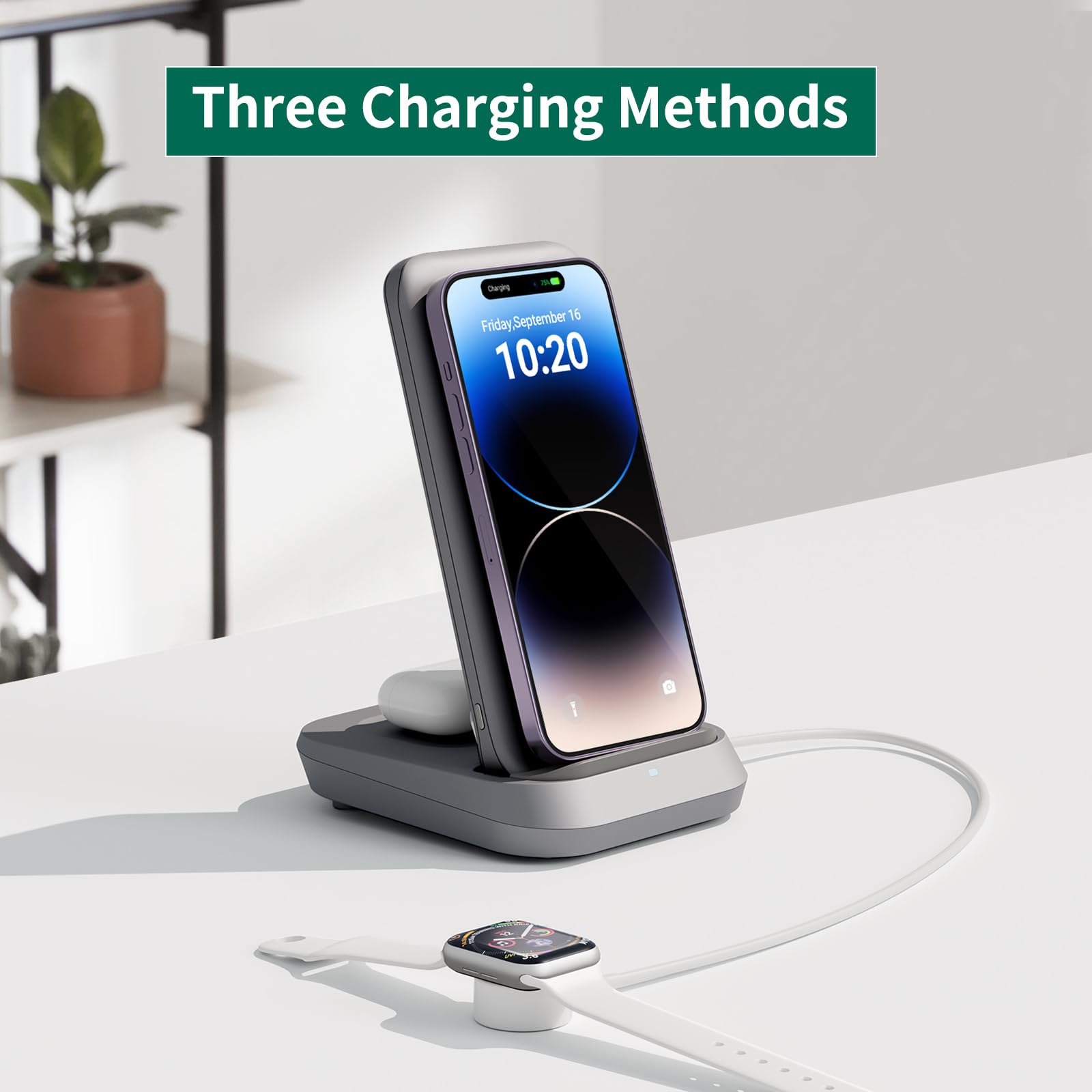 YOLANESS 10000mah mobile Power supply, 10W wireless charging power Bank and charging dock, 3 in 1 Power Bank Stand Dock,1 USB-C input/output (18W), 1 USB-A output, for iPhone and Android