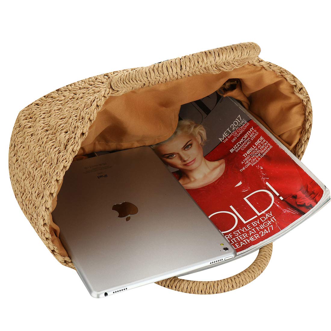 Women Large Straw Handbag Tote Rattan Bag, Summer Vintage Weave Round Beach Bag (Brown)