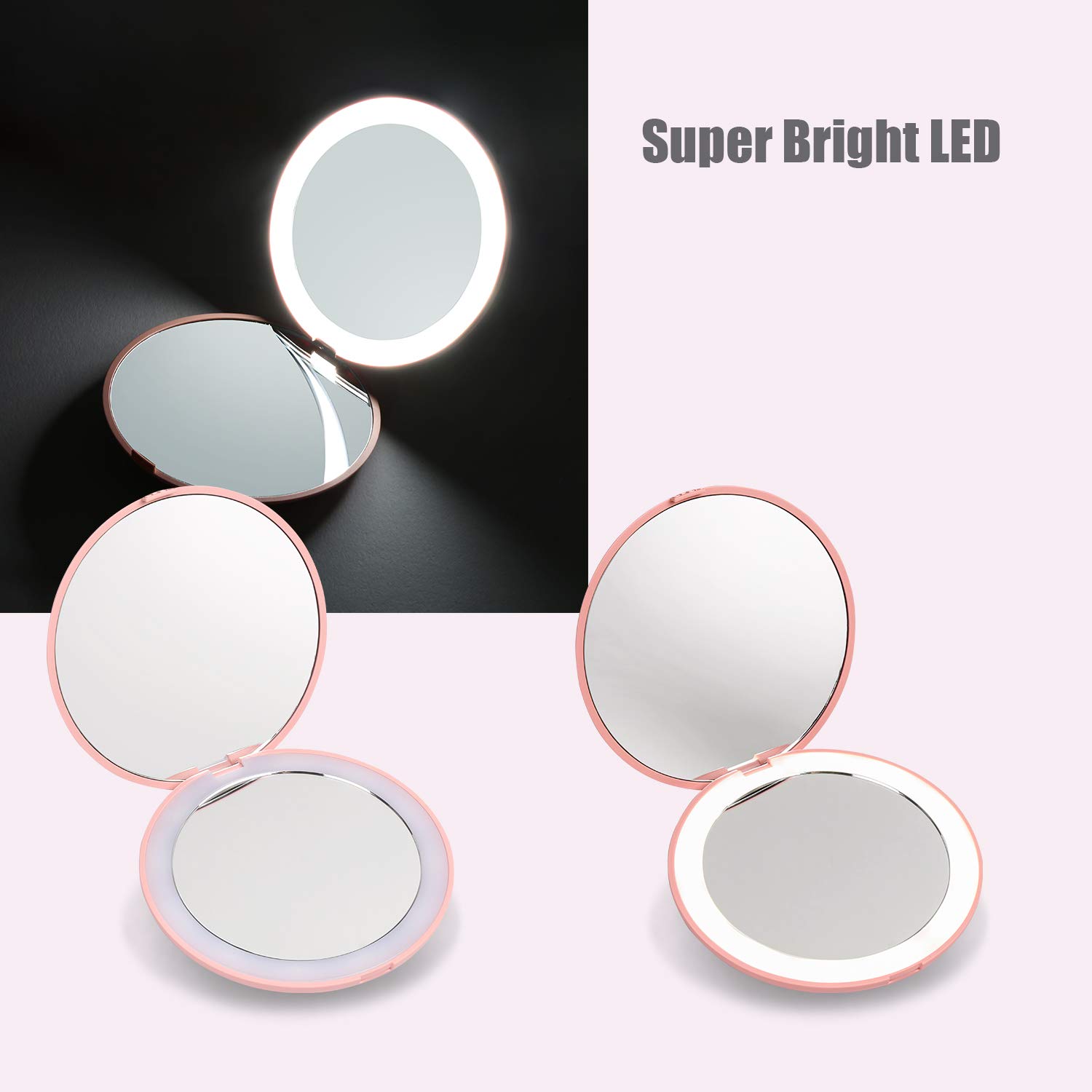 WOBANE LED Travel Makeup Mirror, 3.5 inch Lighted Compact Mirror, 10X Magnification, Handheld, Double Sided, Portable Folding Mirror for Pocket, Purse, Gift, Pink, Round