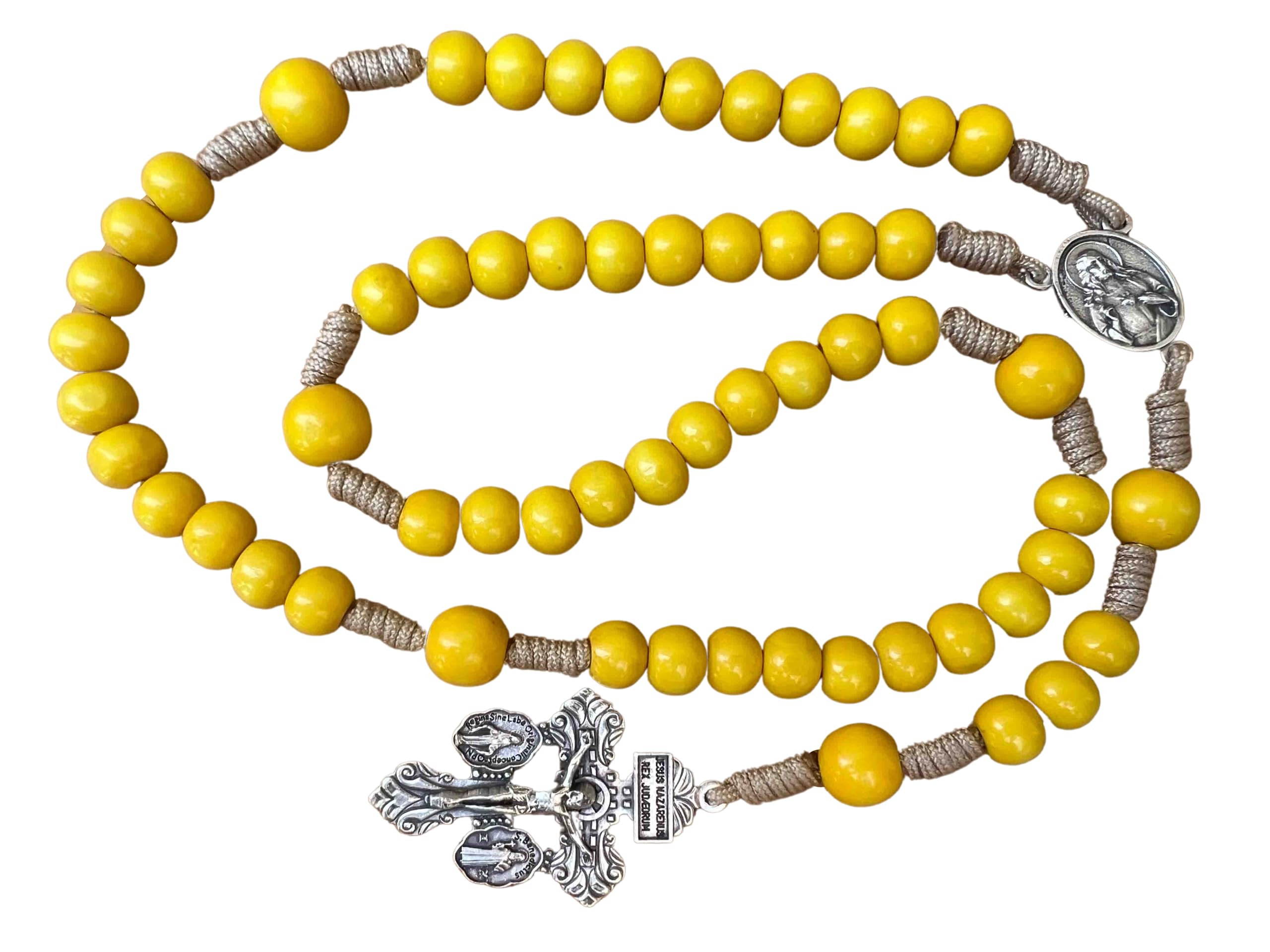 Yellow Wooden Prayer Beads Rosary With Pardon Crucifix Pendant Immaculate Heart Of Mary