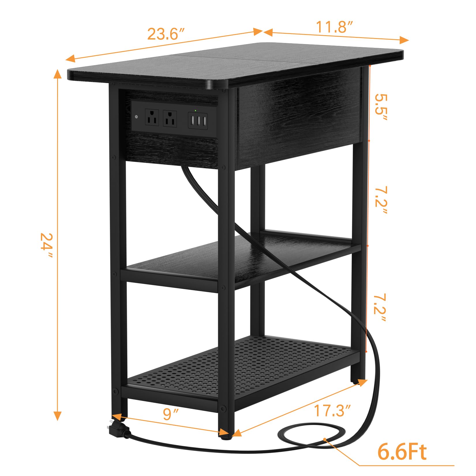 Yenlure End Table with Charging Station, Narrow Side Table with 5 USB Ports & Outlets, Flip Top Nightstand for Small Space, Bedside Table with Storage Shelf for Living Room/Bedroom, Black