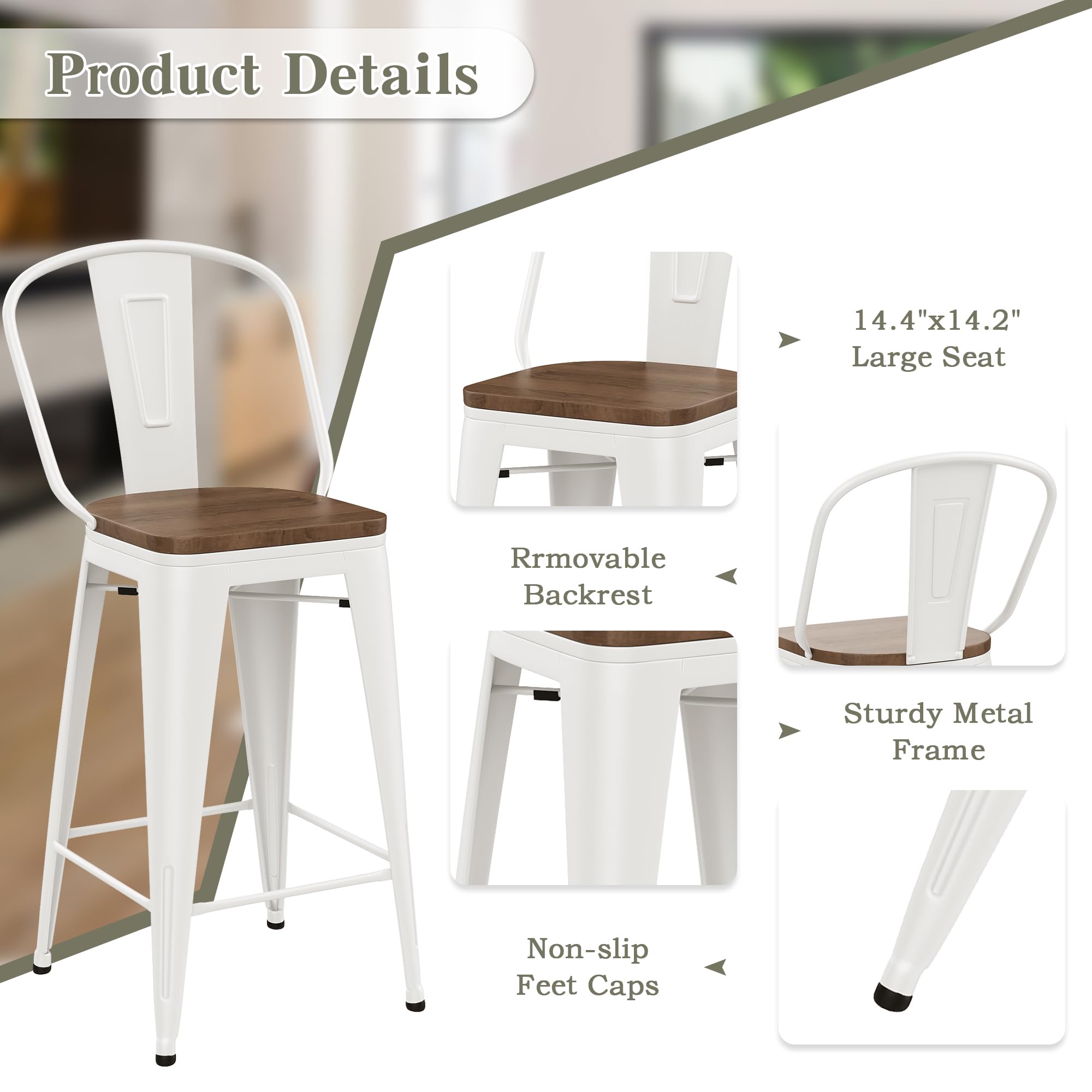 Yongqiang 24" Metal Bar Stools Set of 4 Kitchen Counter Height Bar Chairs High Back Farmhouse Barstools with Large Wooden Seat Cream White